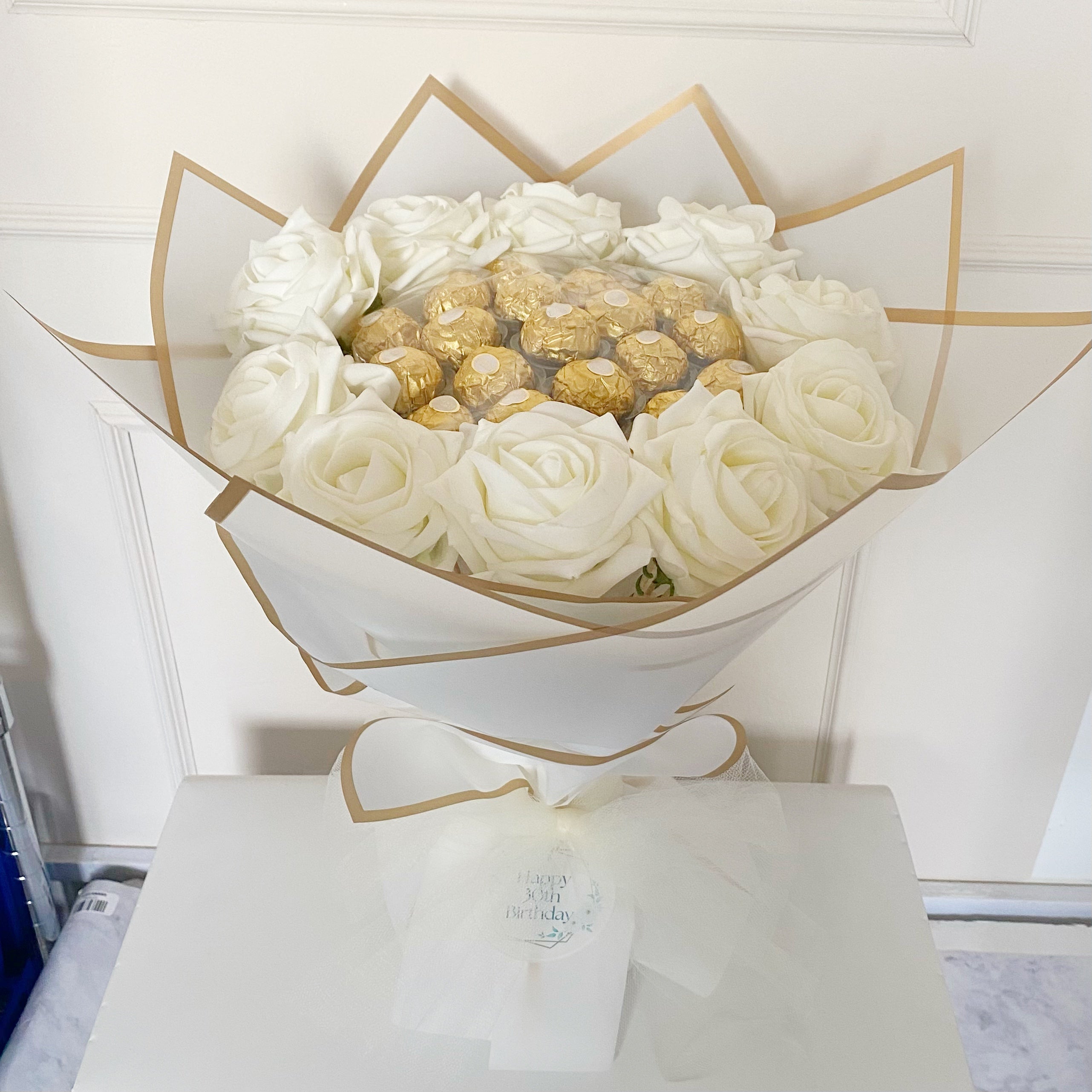 White and Gold Chocolate Flower Bouquet, Ferrero Rocher, Artificial Fl – Sweet Greetings